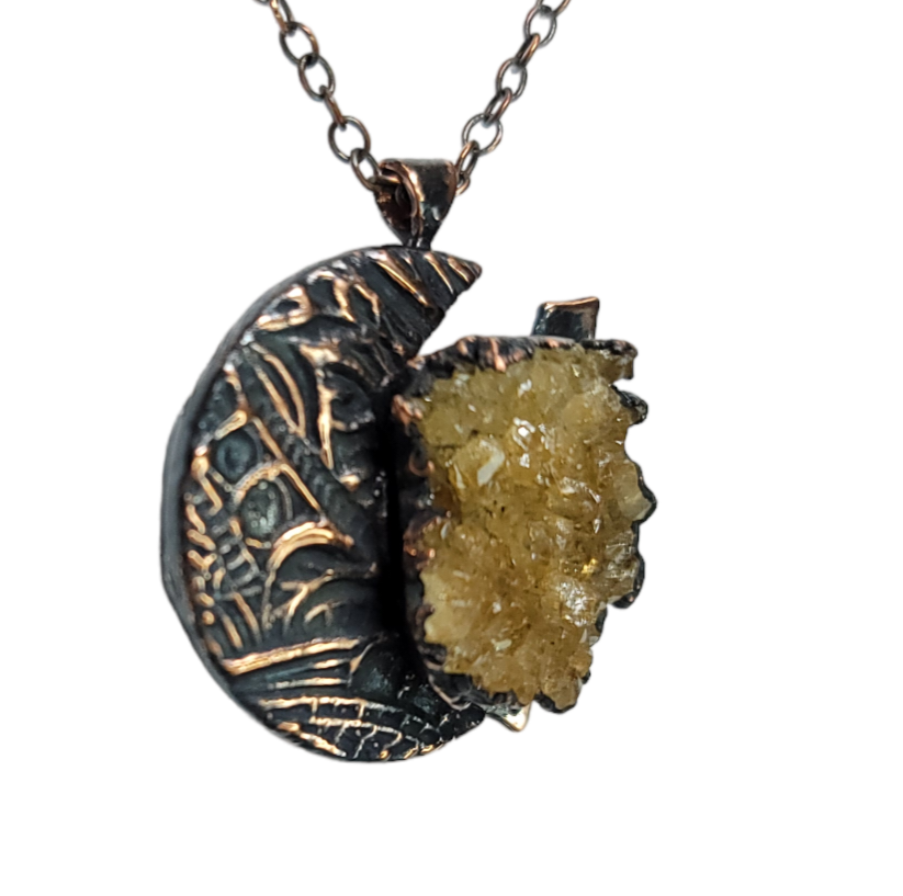 Citrine Druzy Sun and Embossed Crescent Moon Copper Pendent – The Wacky ...